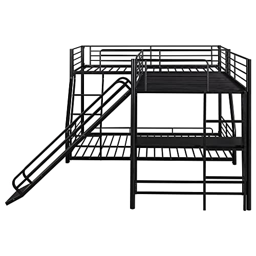 HAUSHECK L-Shaped Triple Bunk Bed with Desk for 3 or 4 Kids, Heavy Duty Metal Bunk Bed Twin Over Full with Slide & 2 Ladders, Space-Saving Loftbed Triple Bed Frame for Teens/Adults