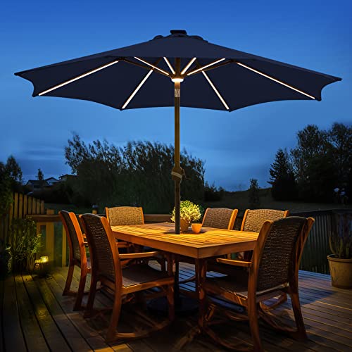 BLUU MAPLE 9 FT Outdoor Solar Patio Umbrella LED Table Umbrellas with 16 LED Strip Lights & Hub Light, Aluminum Frame, 3 YEARS Fade Resistance & UV Protection Fabric (Navy Blue)