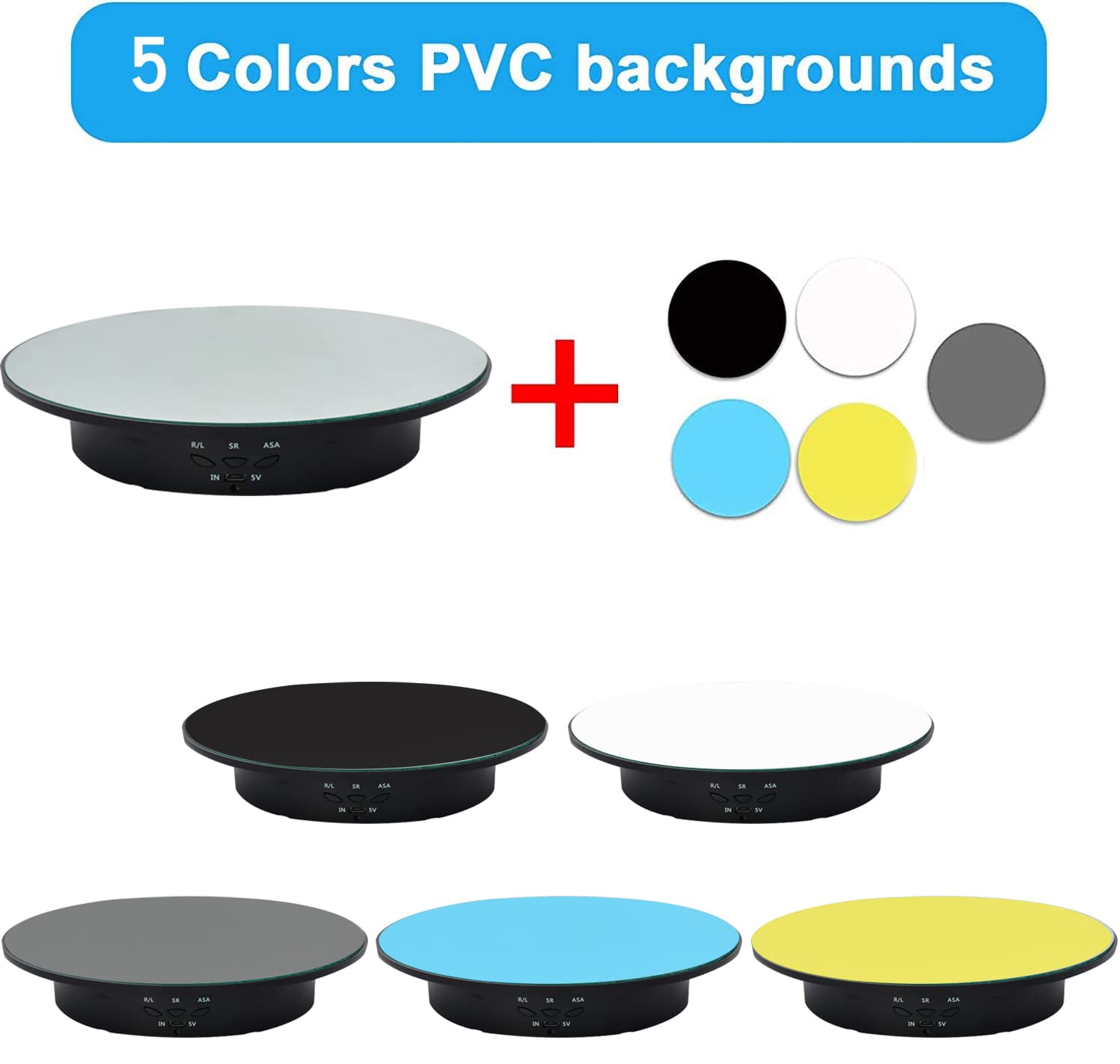 QINMAY 360 Degree Rotating Display Stand,360 Degree Photography Turntable with Remote Control,5 PVC Backgrounds,Battery/USB Power Supply for Photography Product Shows