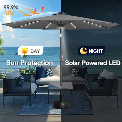 FLAME&SHADE 10 ft Solar Powered Outdoor Market Patio Table Umbrella with LED Lights and Tilt, Anthracite