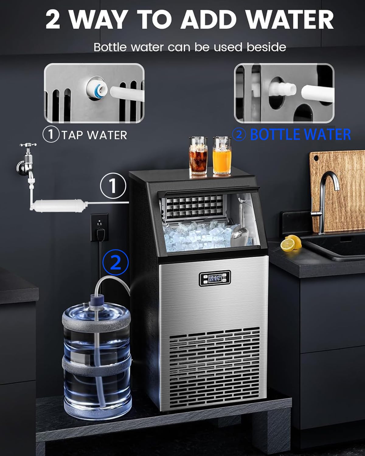 Kndko Commercial Ice Maker Machine, 100 lbs/24H, Stainless Steel Ice Maker with 2 Way Add Water, Under Counter Ice Machine, Freestanding Ice Maker, 24H Timer,Ice Machine for Home,Bar,Restaurant,RV