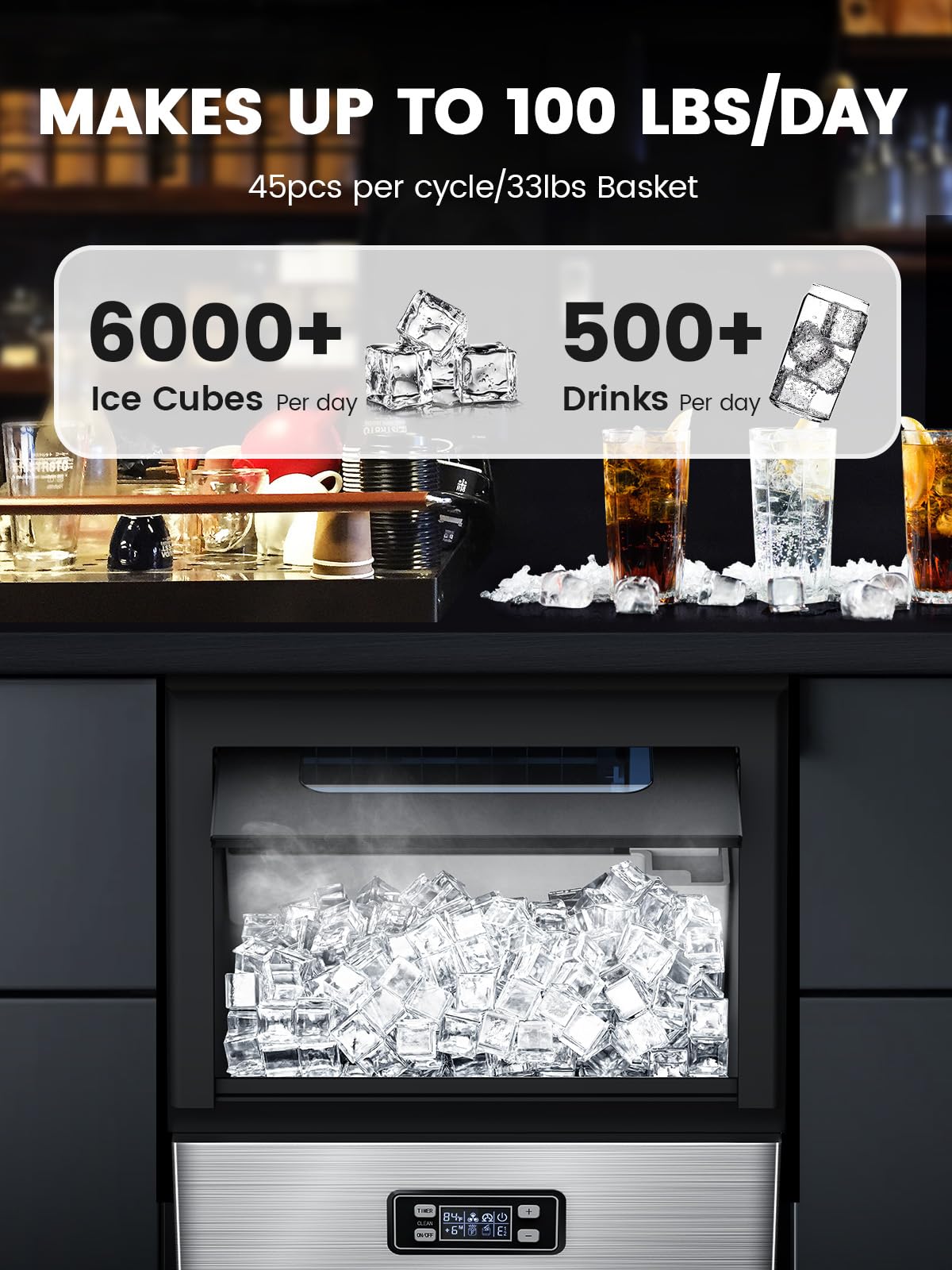 Kndko Commercial Ice Maker Machine, 100 lbs/24H, Stainless Steel Ice Maker with 2 Way Add Water, Under Counter Ice Machine, Freestanding Ice Maker, 24H Timer,Ice Machine for Home,Bar,Restaurant,RV