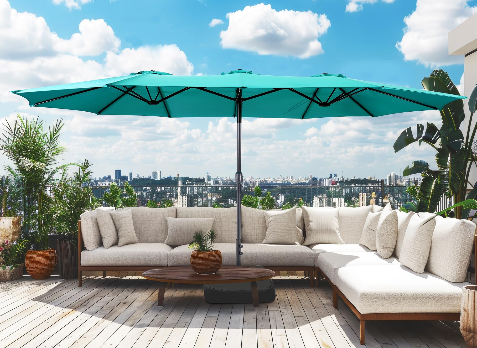 Bigroof 15ft x 9ft Patio Double-Sided Umbrella with Base & Crank, Extra Large Rectangular Outdoor Umbrella for Patio, Lawn & Garden, Beige (Turquoise)