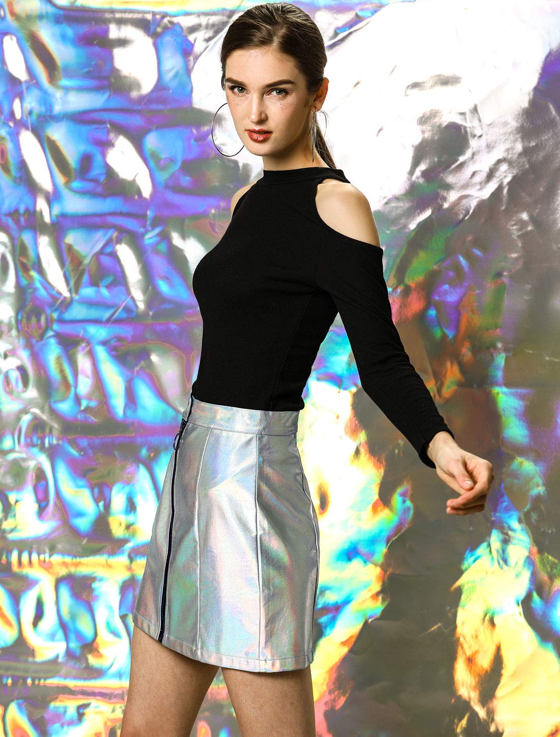 Allegra K Women's Halloween Costume Metallic Mini Skirt Shiny Holographic High Waist Zipper Short Skirts X-Large Silver