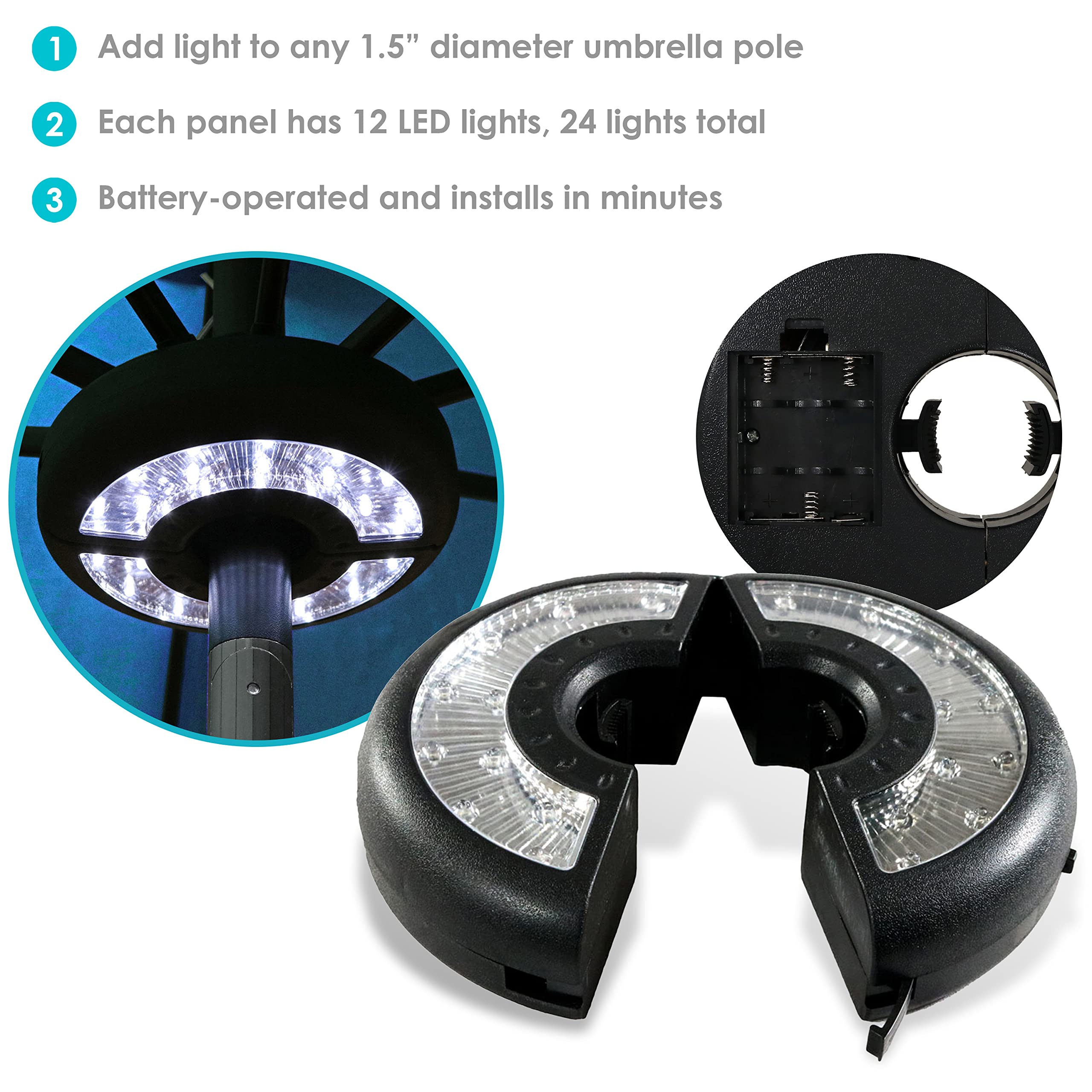 Sunnydaze 24-LED Umbrella Lights 2-Panel Cordless Light Ring for Patio Umbrellas - Battery Operated - Black - Set of 2
