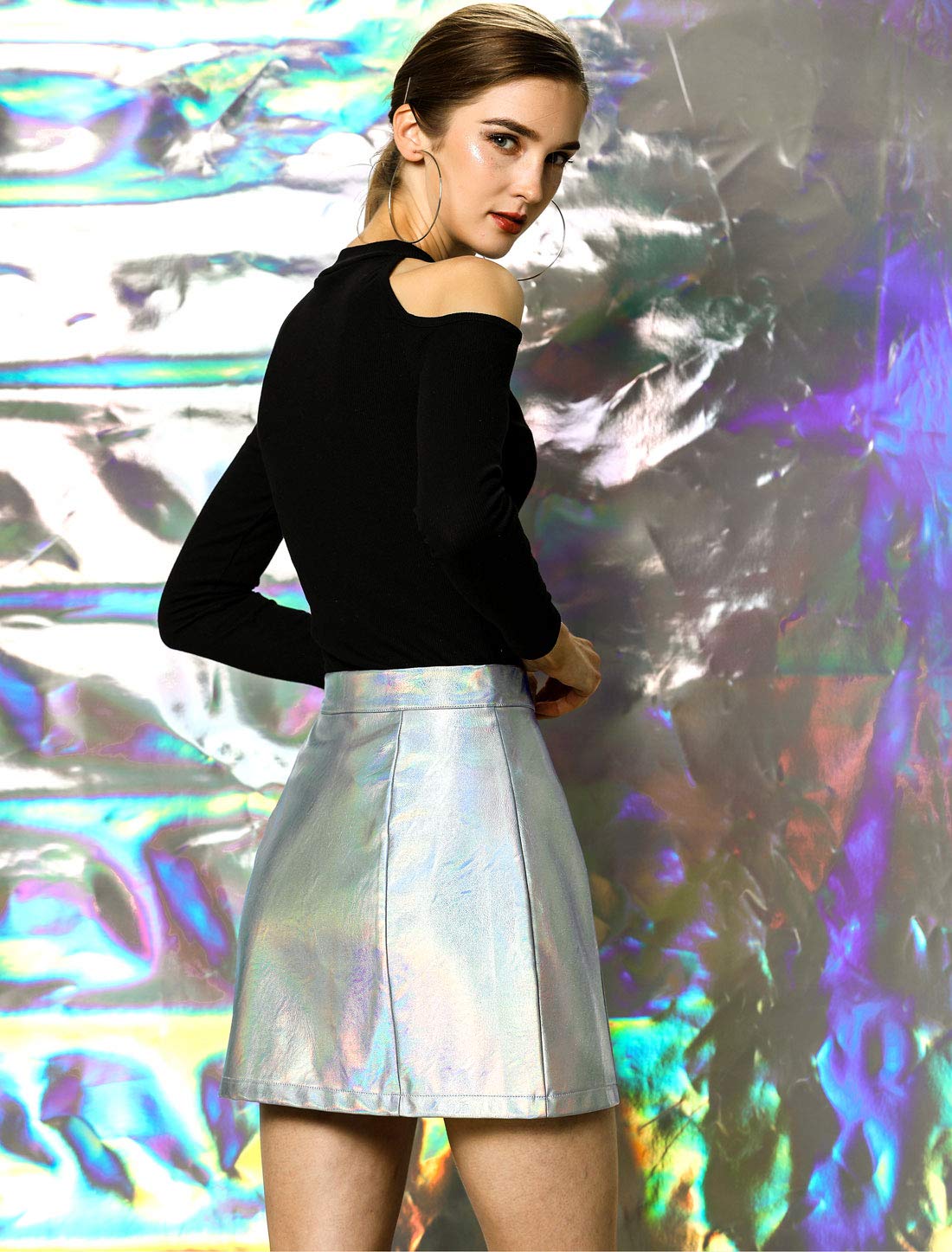 Allegra K Women's Halloween Costume Metallic Mini Skirt Shiny Holographic High Waist Zipper Short Skirts X-Large Silver