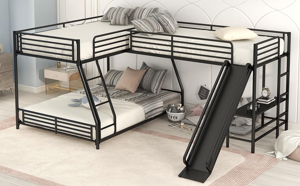 GINGVAT Twin Over Full BunkBed with LoftBed,L-Shaped Triple Bunk Bed with Slide,Built-in Desk for Kids,No Spring Box Required,Black