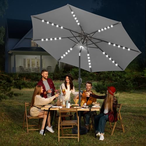 FLAME&SHADE 10 ft Solar Powered Outdoor Market Patio Table Umbrella with LED Lights and Tilt, Anthracite