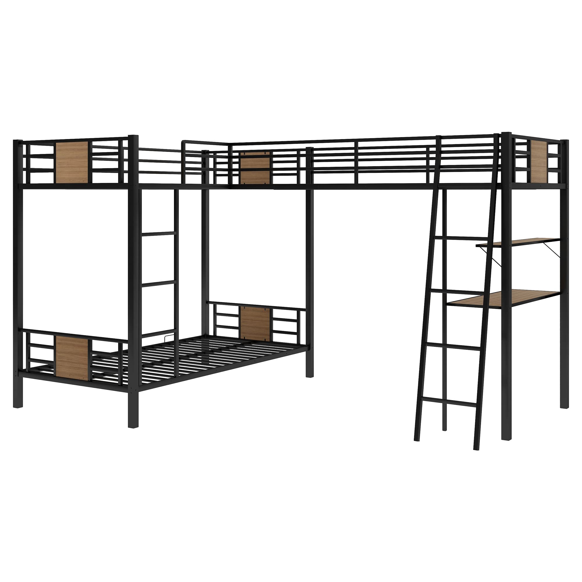 Eafurn Metal Triple Bunk Beds with Desk,Heavy Dust L-Shaped Metal Bunk Bed with Storage Shelf, Twin Over Twin Bunk Bed with A Twin Loft Bed Attached, 3 Bed Bunk Beds for Kids Teens