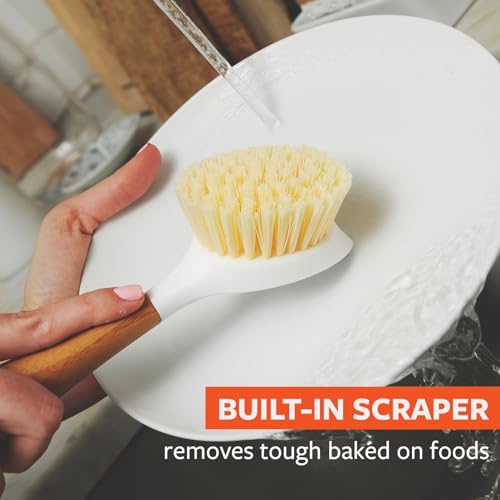 Full Circle Be Good Bamboo Handle Dish Brush – Sustainable Kitchen Cleaning with Tough Bristles - Natural Dish Scrubber & Cast Iron Cleaner - Long Handle Brush for Dishes, Pots, and Pans, White