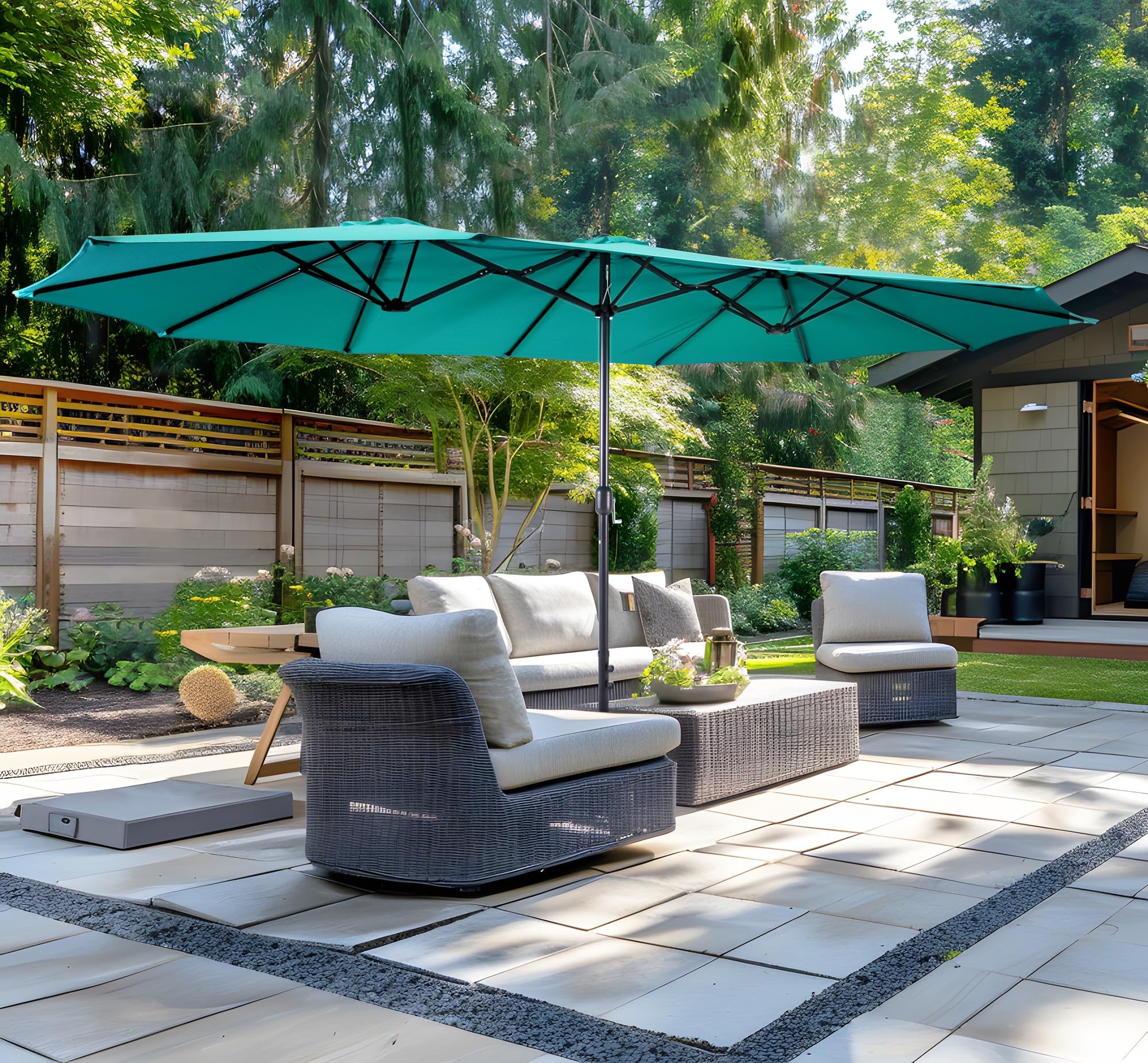 Bigroof 15ft x 9ft Patio Double-Sided Umbrella with Base & Crank, Extra Large Rectangular Outdoor Umbrella for Patio, Lawn & Garden, Beige (Turquoise)