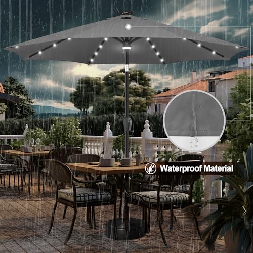 FLAME&SHADE 10 ft Solar Powered Outdoor Market Patio Table Umbrella with LED Lights and Tilt, Anthracite