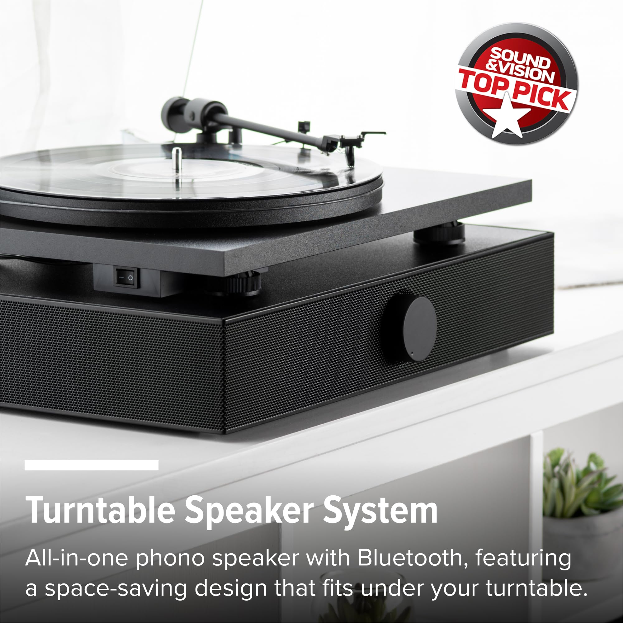 Andover Audio Spinbase Speaker System Designed for Turntables; Phono Input, Bluetooth, aux-in, Bass and Treble Control, ISOGroove Anti-Feedback - (Black)