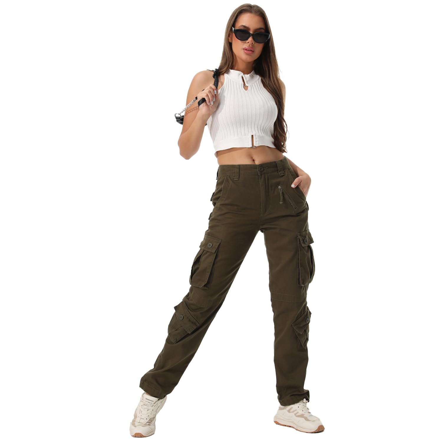 Raroauf Tall Girls Casual Pants for Women's Mid-Rise Cotton Work Cargo Pants Y2K Baggy Tactical Combat Trousers 8 Pockets Army Green Size 38/US 16