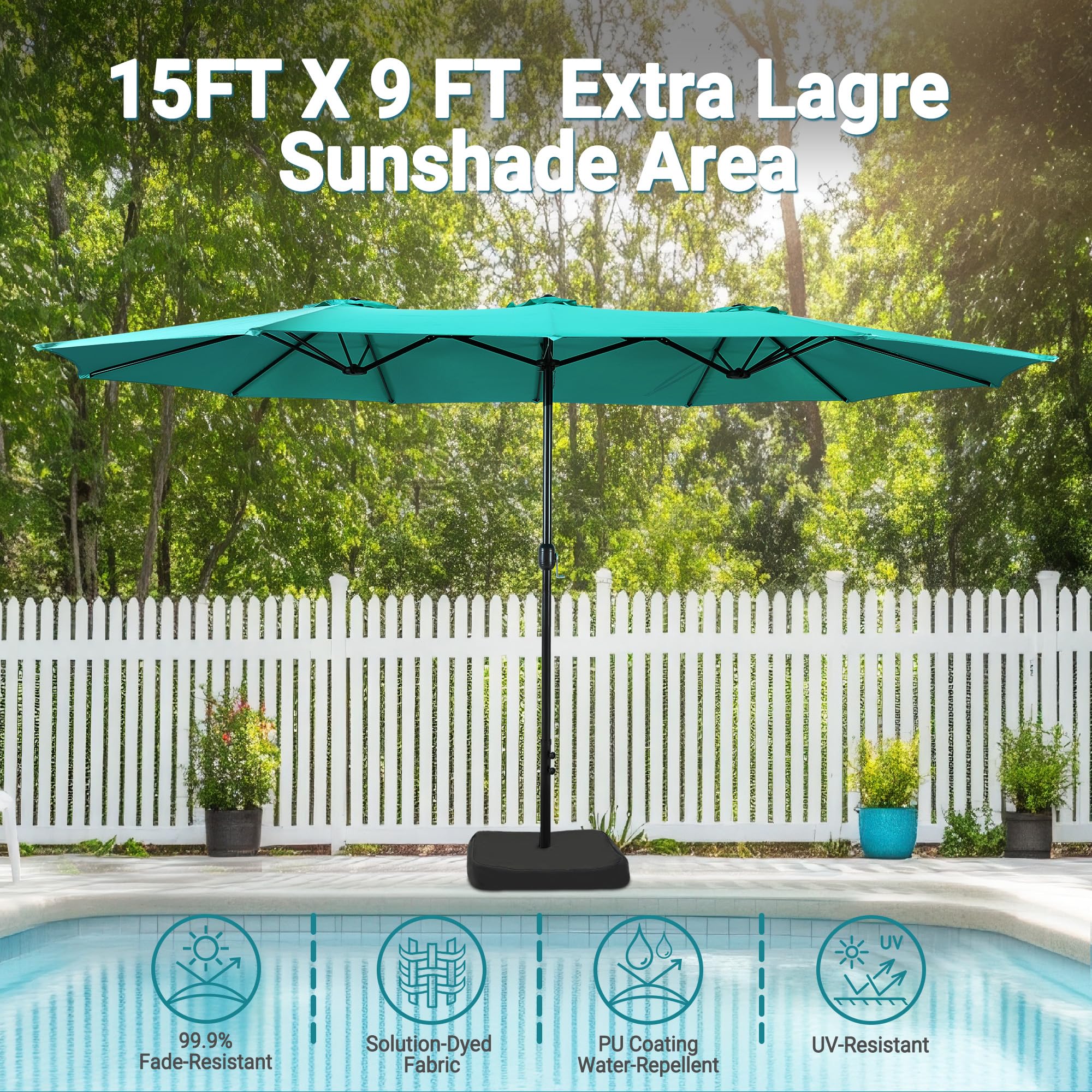 Bigroof 15ft x 9ft Patio Double-Sided Umbrella with Base & Crank, Extra Large Rectangular Outdoor Umbrella for Patio, Lawn & Garden, Beige (Turquoise)