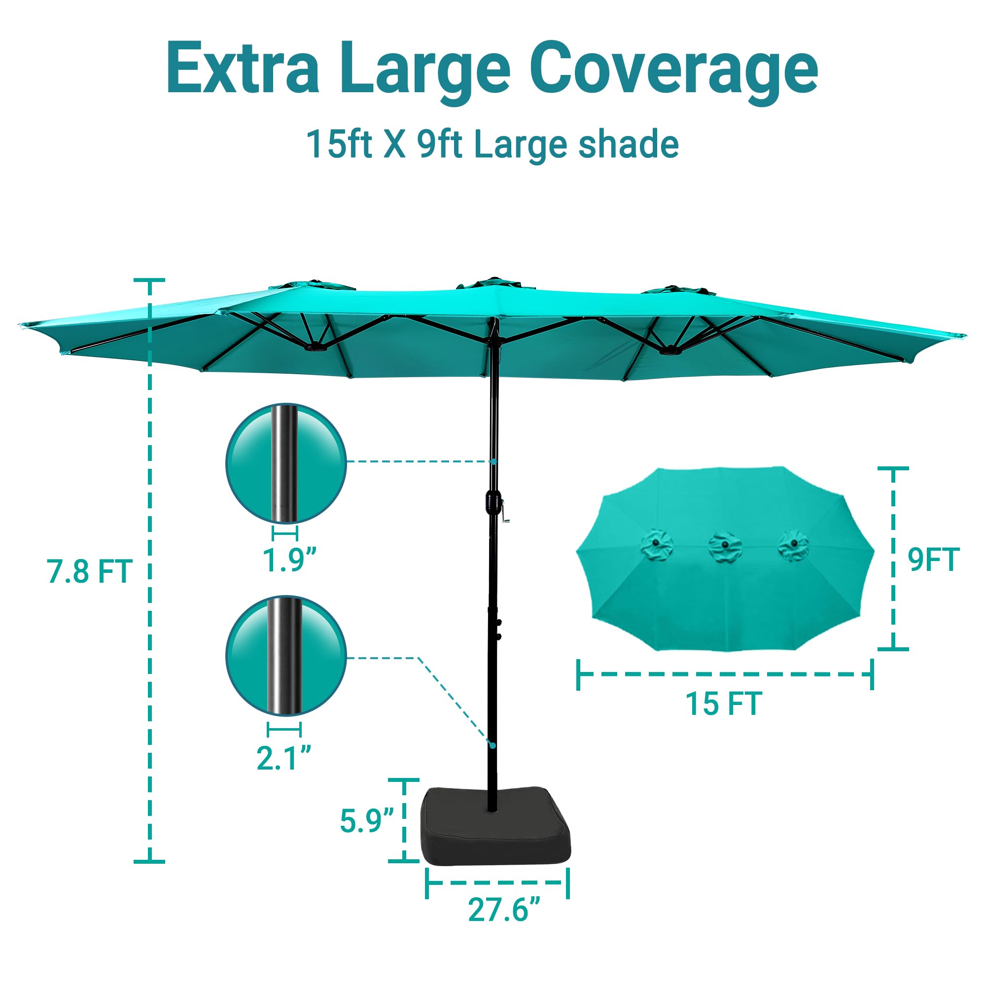 Bigroof 15ft x 9ft Patio Double-Sided Umbrella with Base & Crank, Extra Large Rectangular Outdoor Umbrella for Patio, Lawn & Garden, Beige (Turquoise)