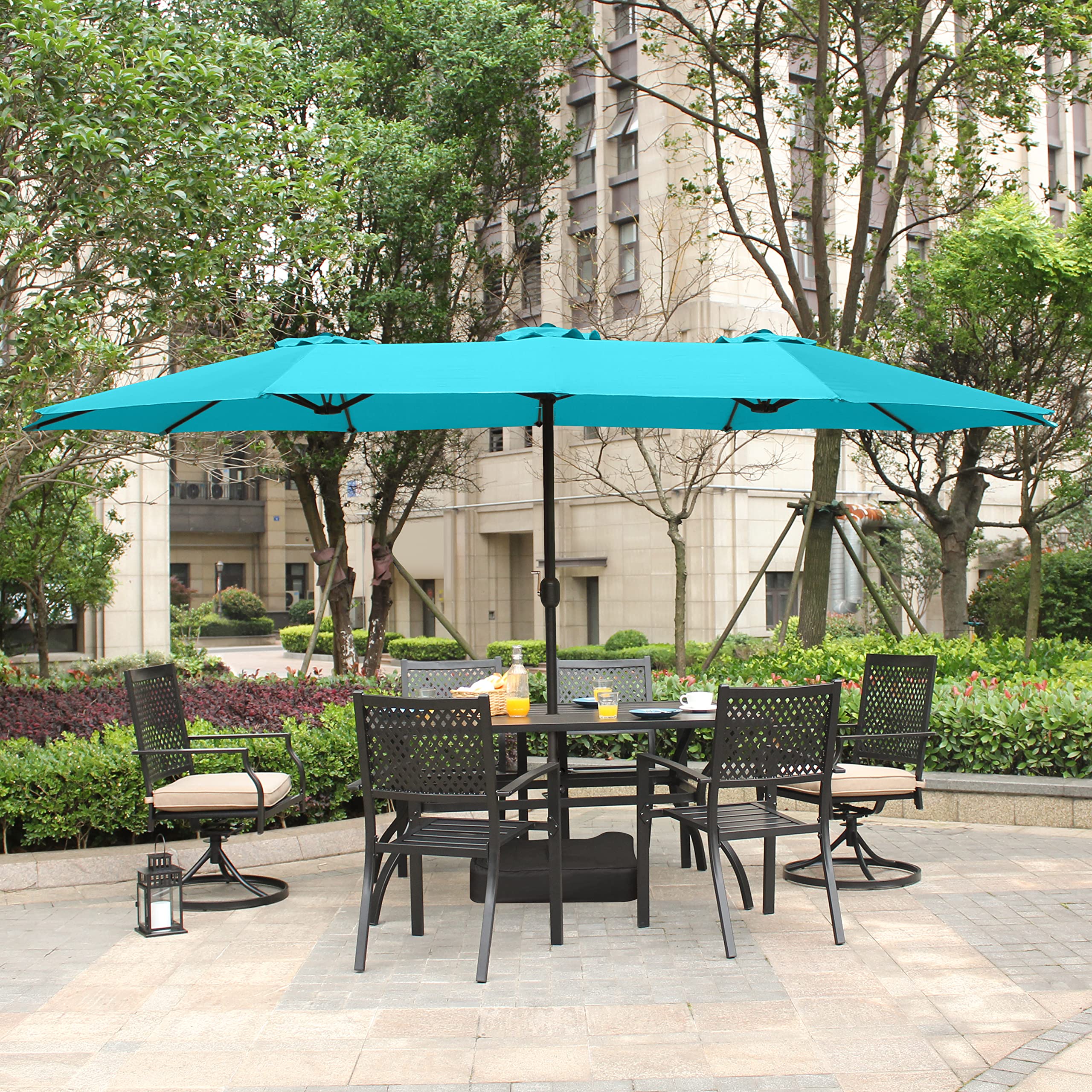 Bigroof 15ft x 9ft Patio Double-Sided Umbrella with Base & Crank, Extra Large Rectangular Outdoor Umbrella for Patio, Lawn & Garden, Beige (Turquoise)