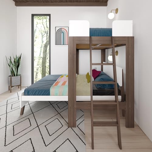 Max & Lily Twin over Full L-Shaped Bunk Bed, Mid-Century Modern Bunk Solid Wood Bunk for Kids, Strong Wood Slat Support, No Box Spring Needed, White/Walnut