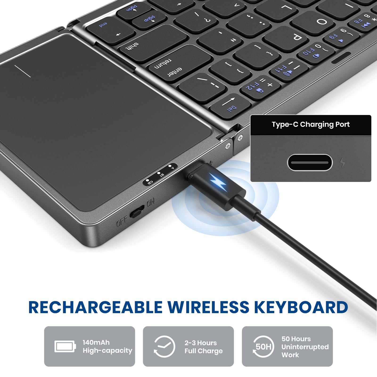HAMOPY Foldable Keyboard, Leather Tri-Folding Wireless Portable Bluetooth Keyboard with Sensitive Touchpad Mouse (Sync Up to 3 Devices), Mini Rechargeable Travel Keyboard for Windows Mac Android iOS