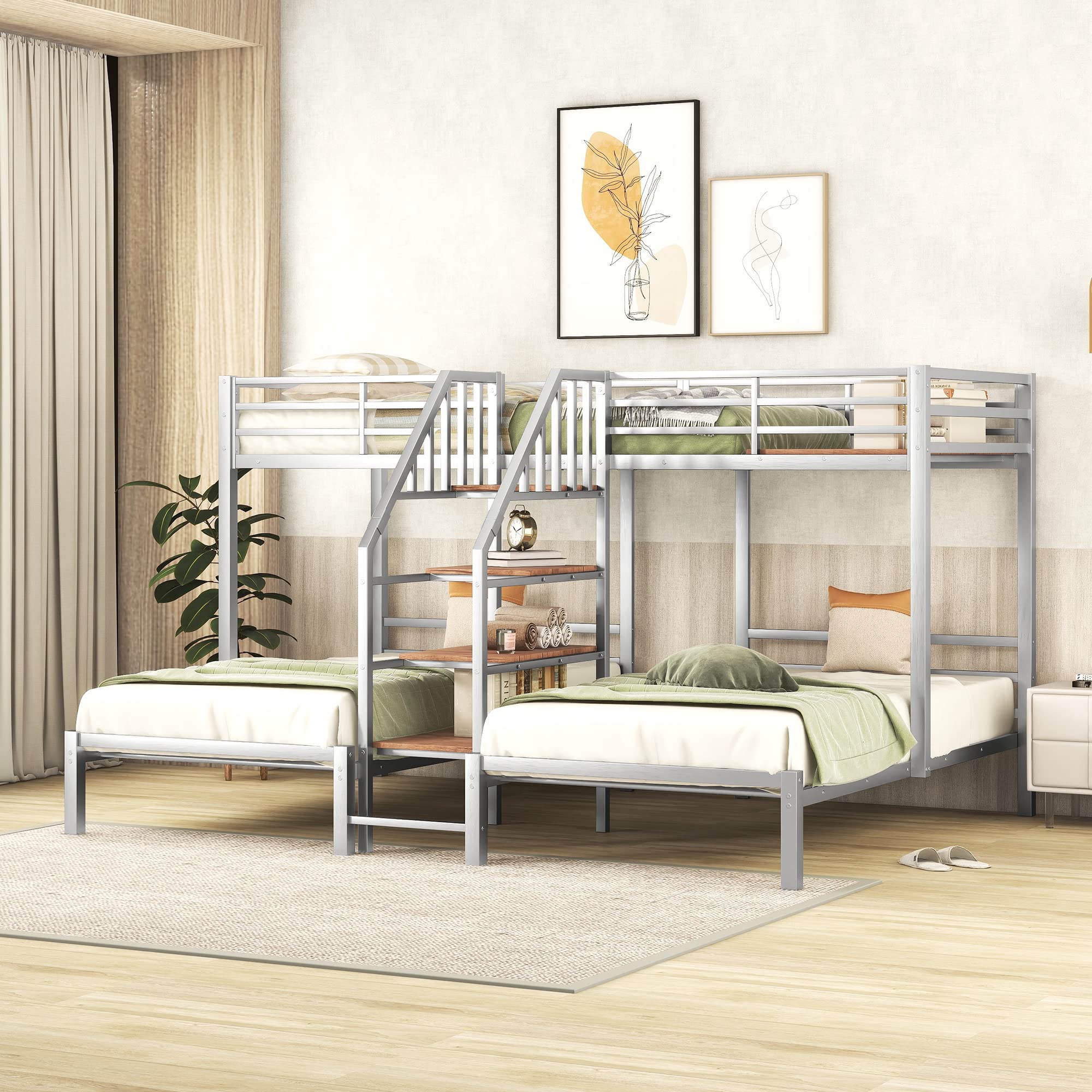 SOFTSEA Metal Corner Bunk Beds for 3 Kids, L-Shaped Triple Bunk Bed Frame with Stairs and Shelves, No Box Spring Needed