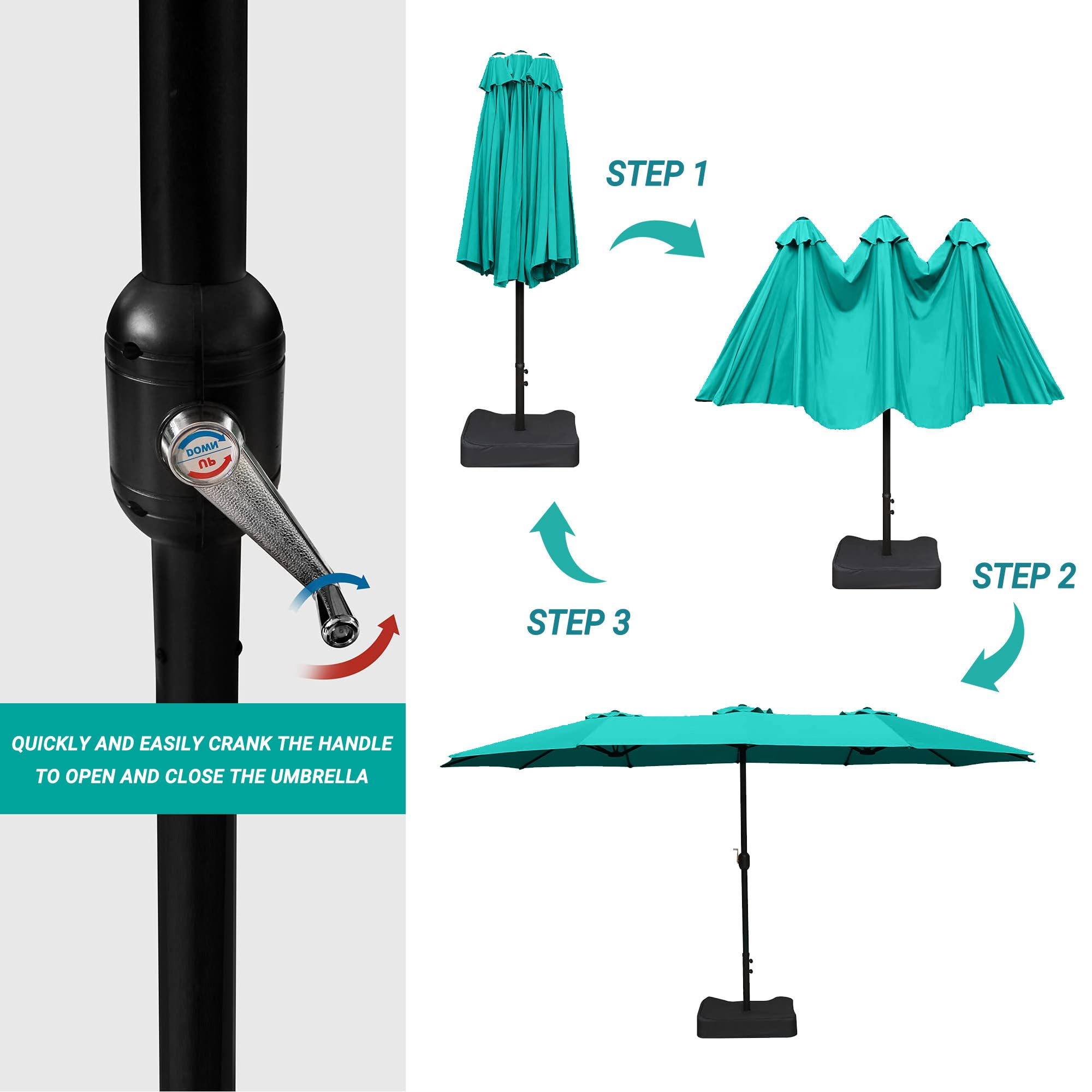 Bigroof 15ft x 9ft Patio Double-Sided Umbrella with Base & Crank, Extra Large Rectangular Outdoor Umbrella for Patio, Lawn & Garden, Beige (Turquoise)