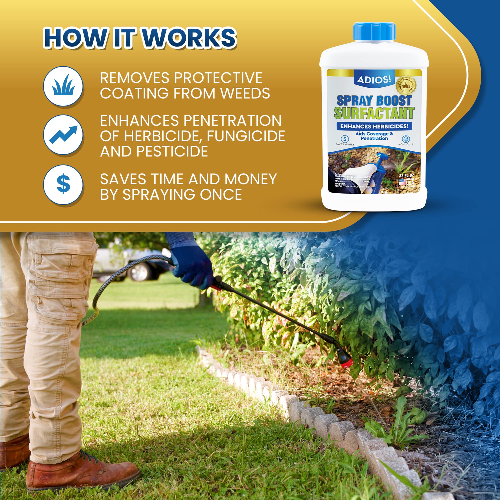 Adios! Spray Boost Surfactant for Herbicide and Weeds, Makes 25 Gallons of Nonionic Wetting Agent (8oz)