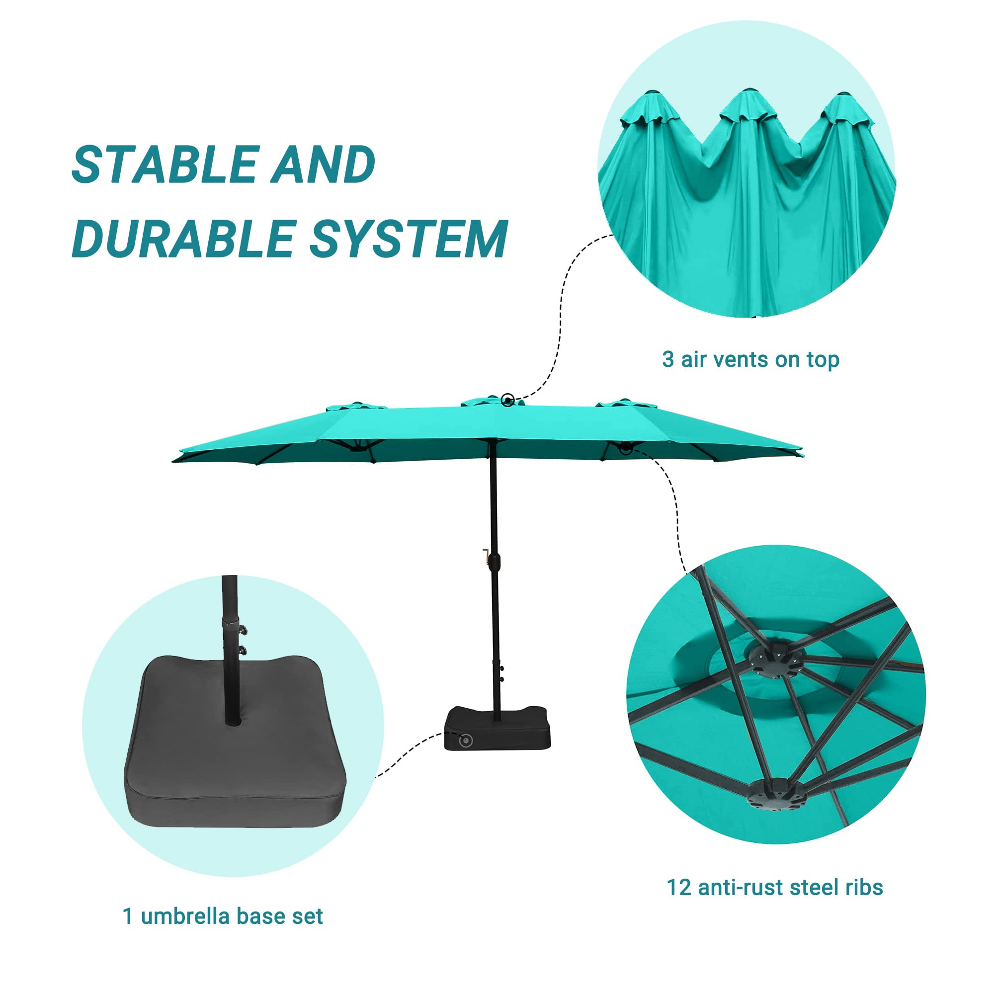 Bigroof 15ft x 9ft Patio Double-Sided Umbrella with Base & Crank, Extra Large Rectangular Outdoor Umbrella for Patio, Lawn & Garden, Beige (Turquoise)