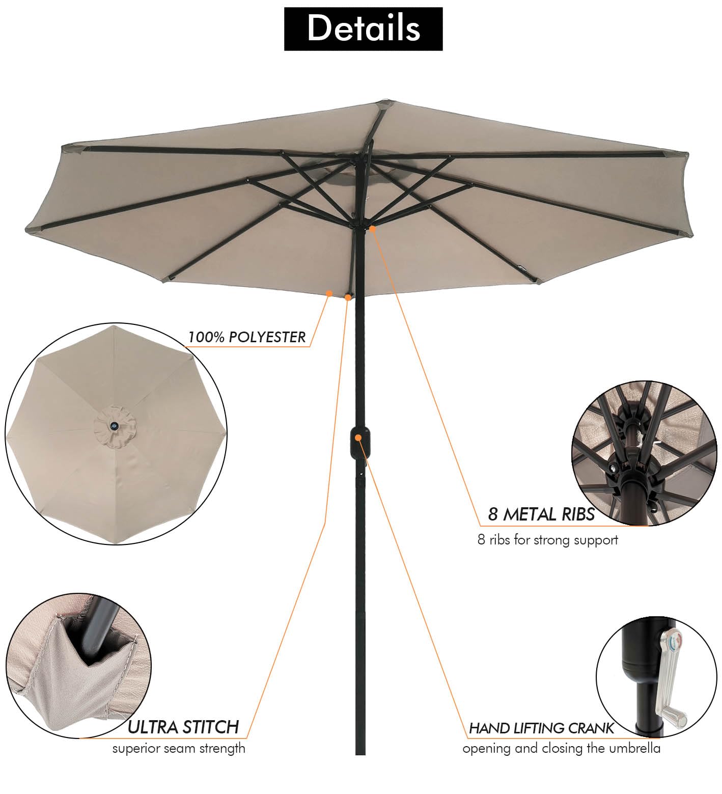 ontheway 11FT Patio Umbrella with 8 Ribs and Rust-Resistant Frame and Crank, UV Protection Outdoor Table Umbrella (Beige, 11FT)