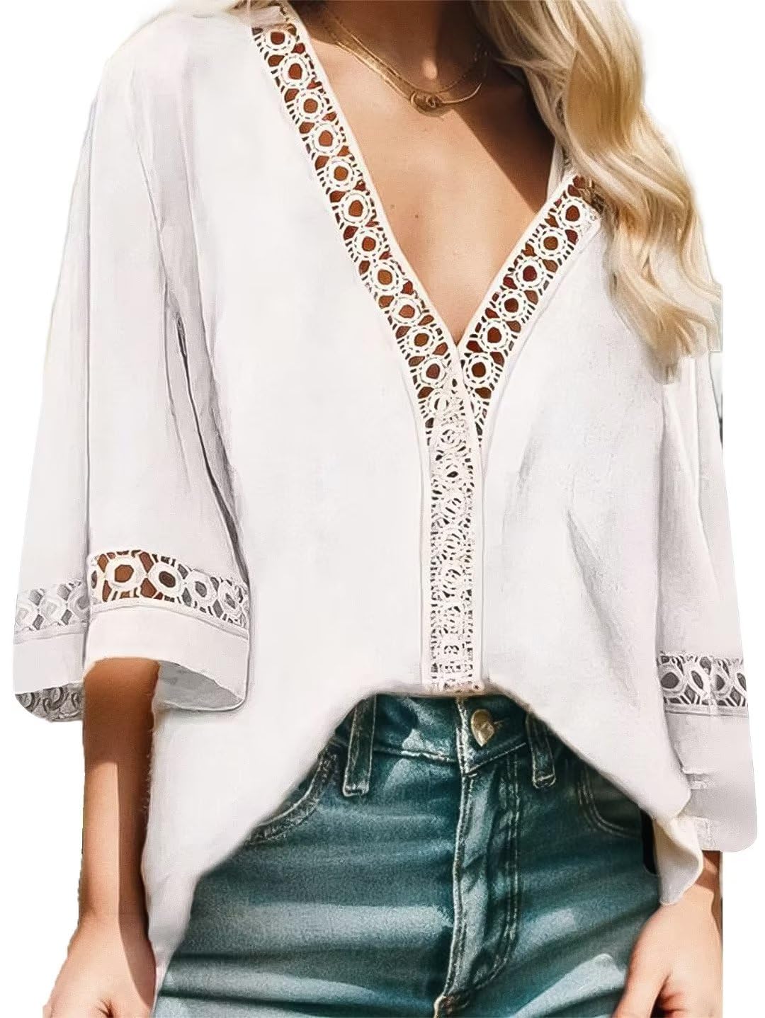 Flamingals Solid Hollow Out V Neck Saree Blouse for Women Readymade White L