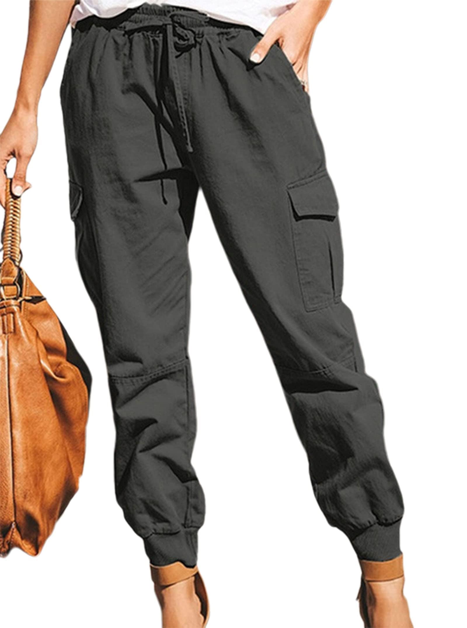 Avanova Womens Cargo High Waisted Pants with Pockets Drawstring Casual Joggers Grey X01 Medium