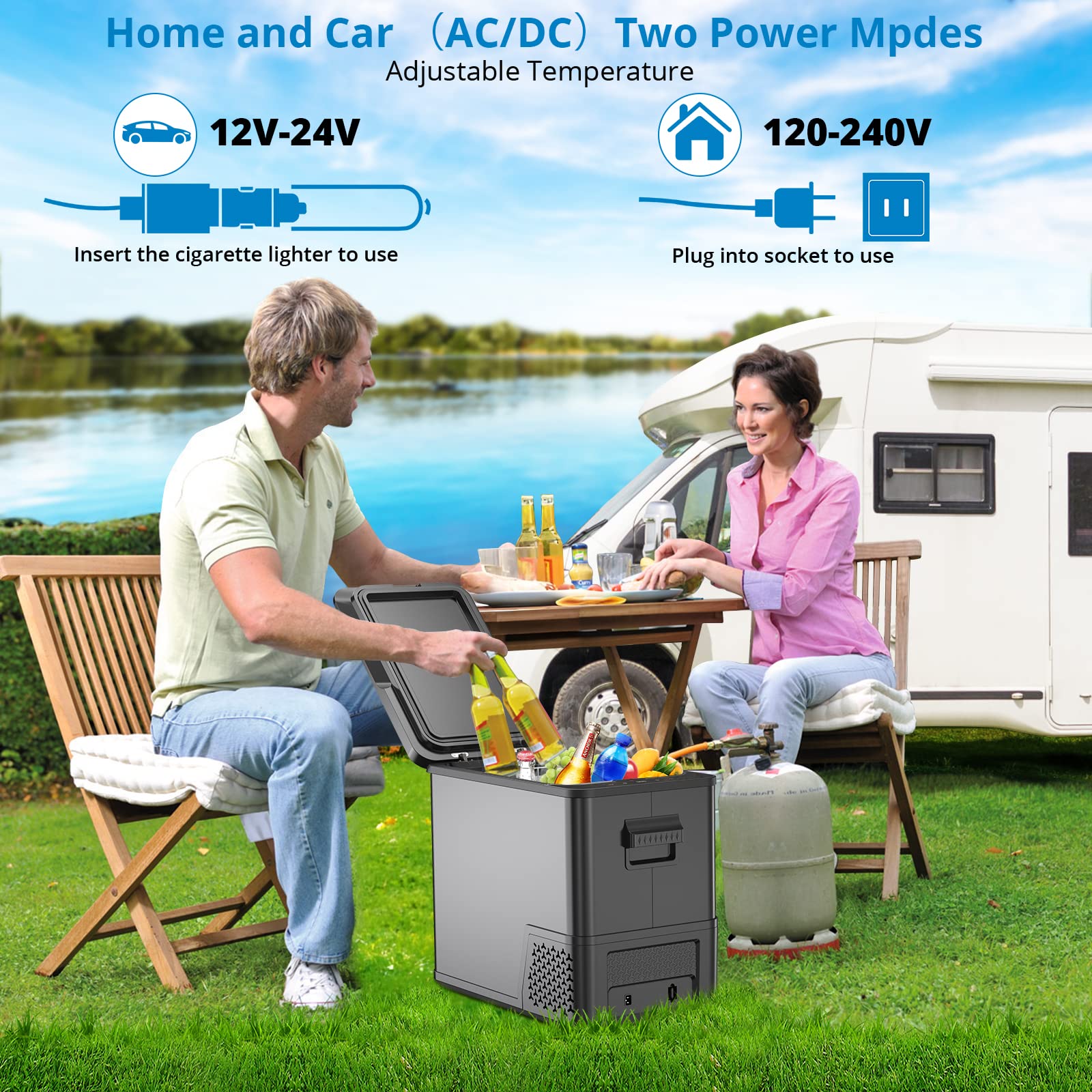 Acekool 12V Refrigerator, 42 Quarts/40L Car Refrigerator, RV Portable Refrigerator with 12/24V DC and 110-240V AC, Freezer Fridge Cooler, Rugged Wheels, for Car, RV, Camping and Home Use