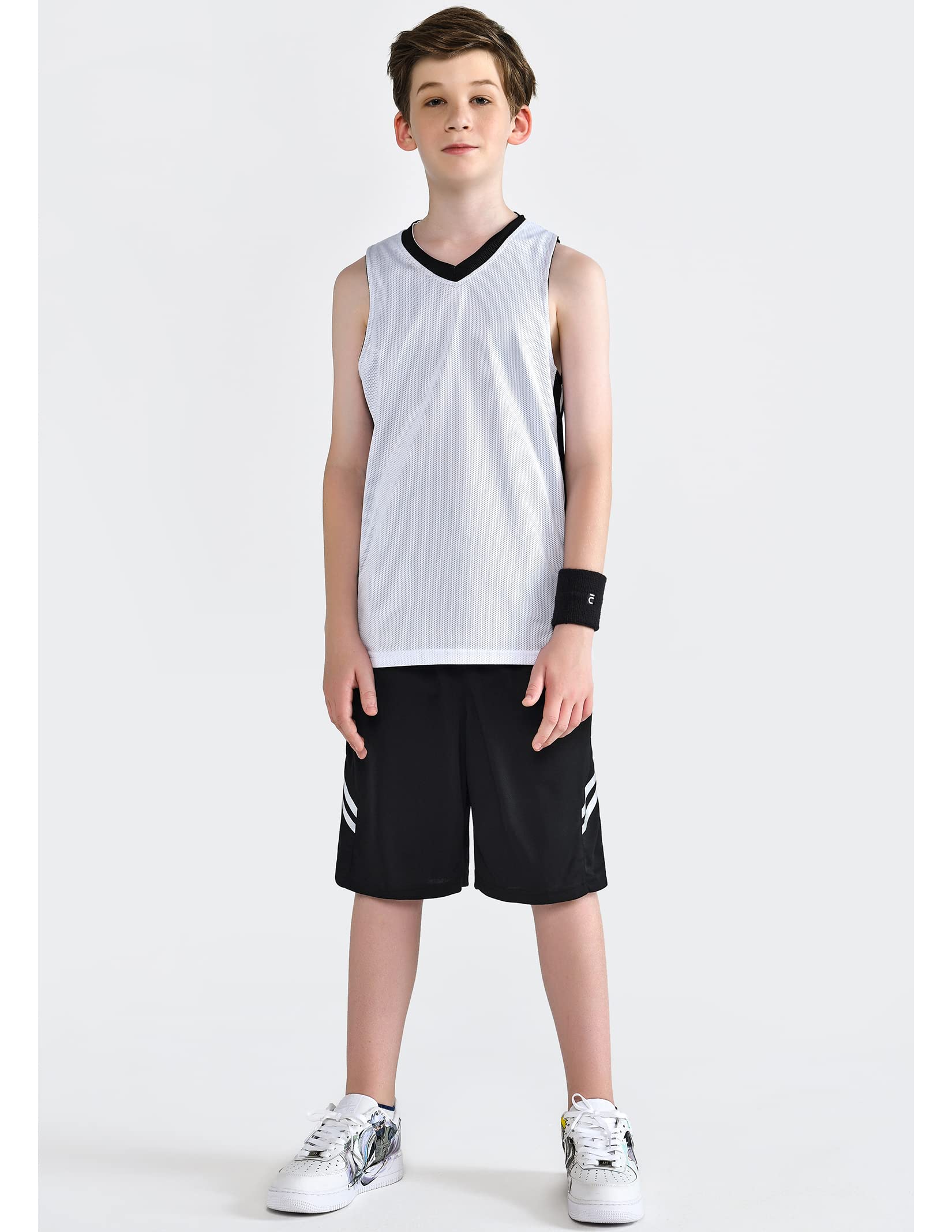 Youth Boys Reversible Mesh Performance Athletic Basketball Jerseys Blank Team Uniforms for Sports Scrimmage (1 Piece) (Blk/Wht, Youth Large)