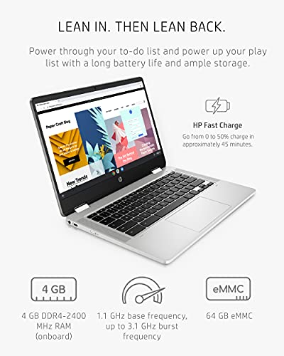 HP Chromebook x360 14a 2-in-1 Laptop, Intel Pentium Silver N5030, 4 GB RAM, 64 GB eMMC, 14โ HD Micro-Edge Touchscreen, Chrome OS, 720p Webcam, Dual Speakers, Long Battery Life (14a-ca0023nr, 2021)