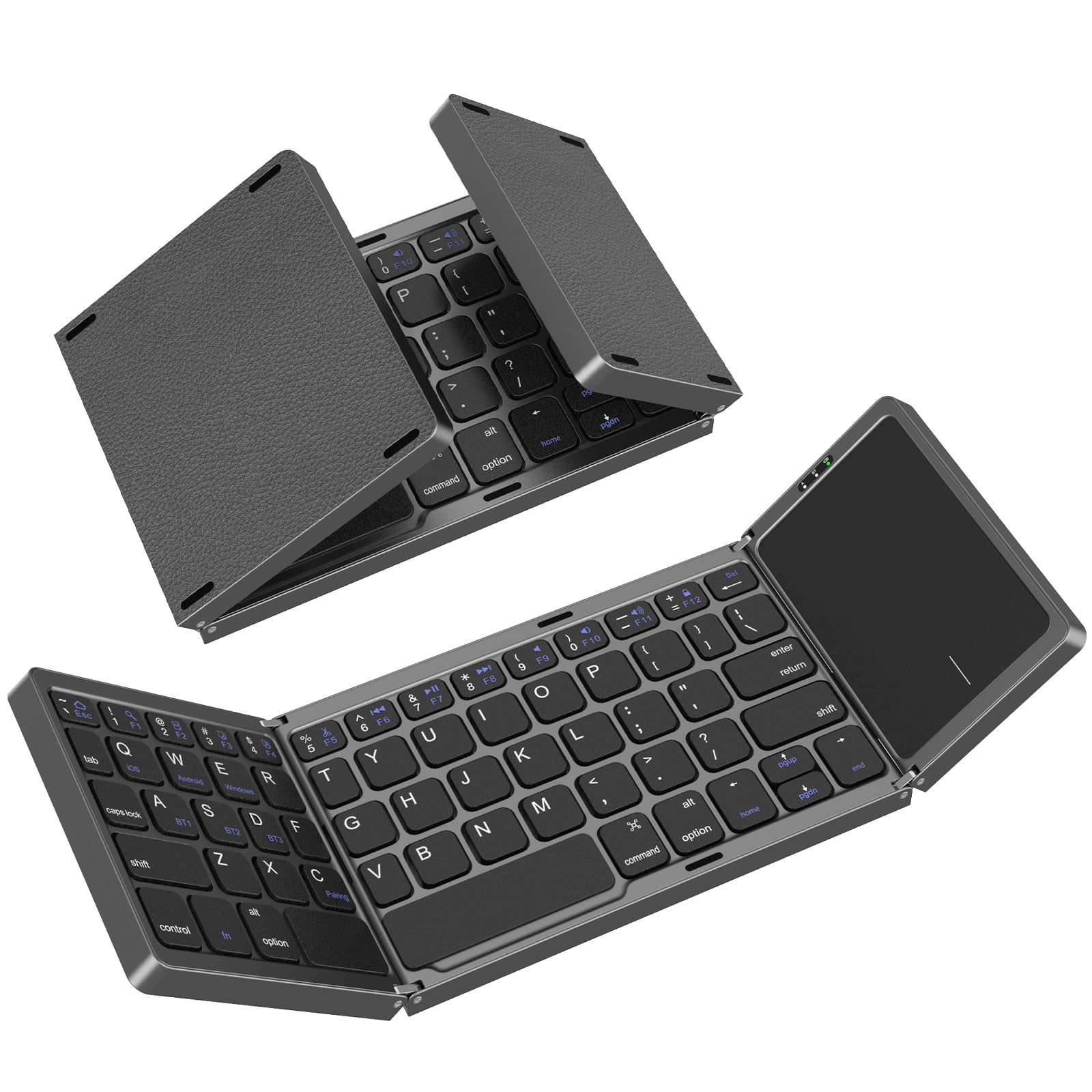 HAMOPY Foldable Keyboard, Leather Tri-Folding Wireless Portable Bluetooth Keyboard with Sensitive Touchpad Mouse (Sync Up to 3 Devices), Mini Rechargeable Travel Keyboard for Windows Mac Android iOS
