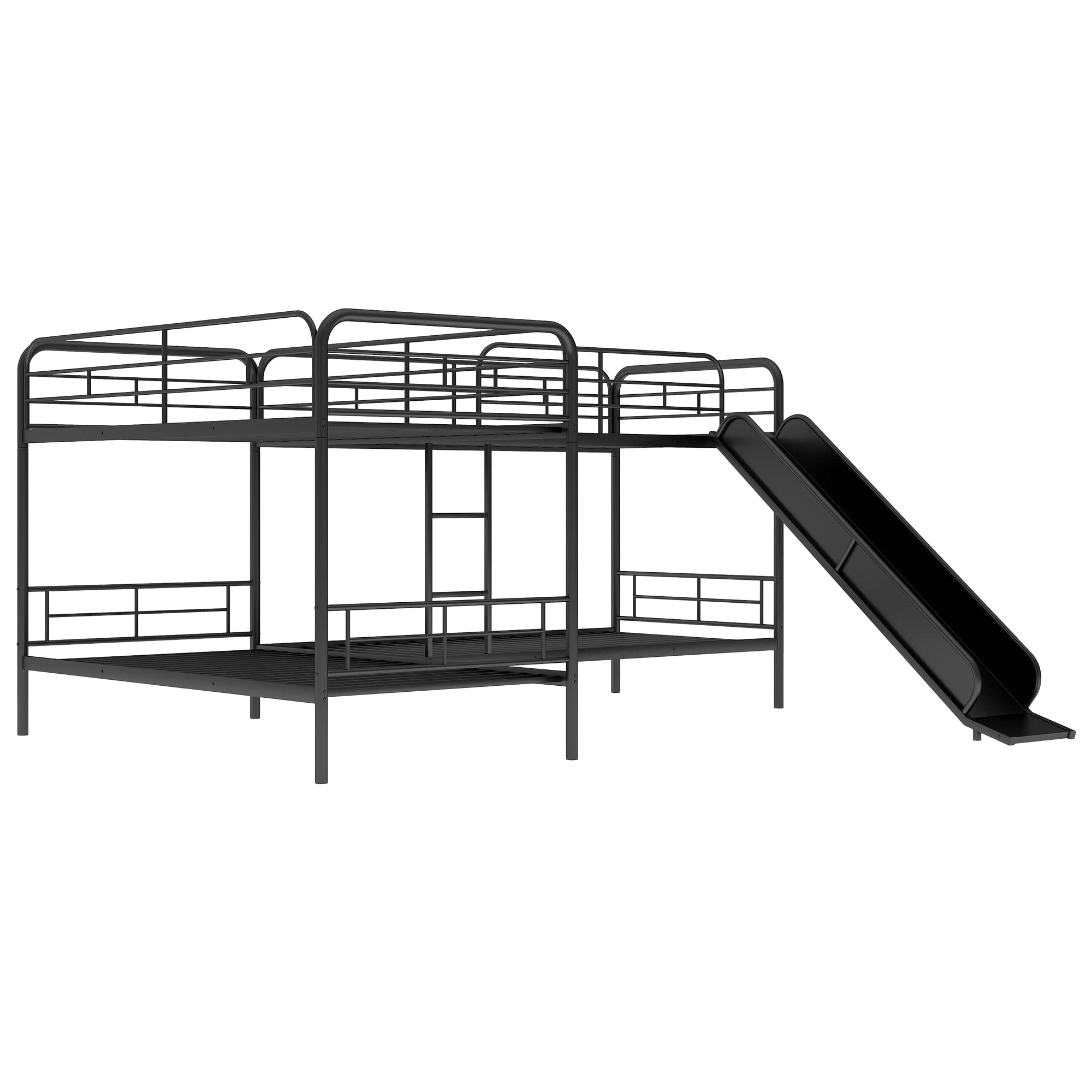 Quad Bunk Bed with Slide, L Shaped Bunk Bed for 4, Twin over Twin Metal Bunk Frame for Kids Teens Girls Boys (Black)