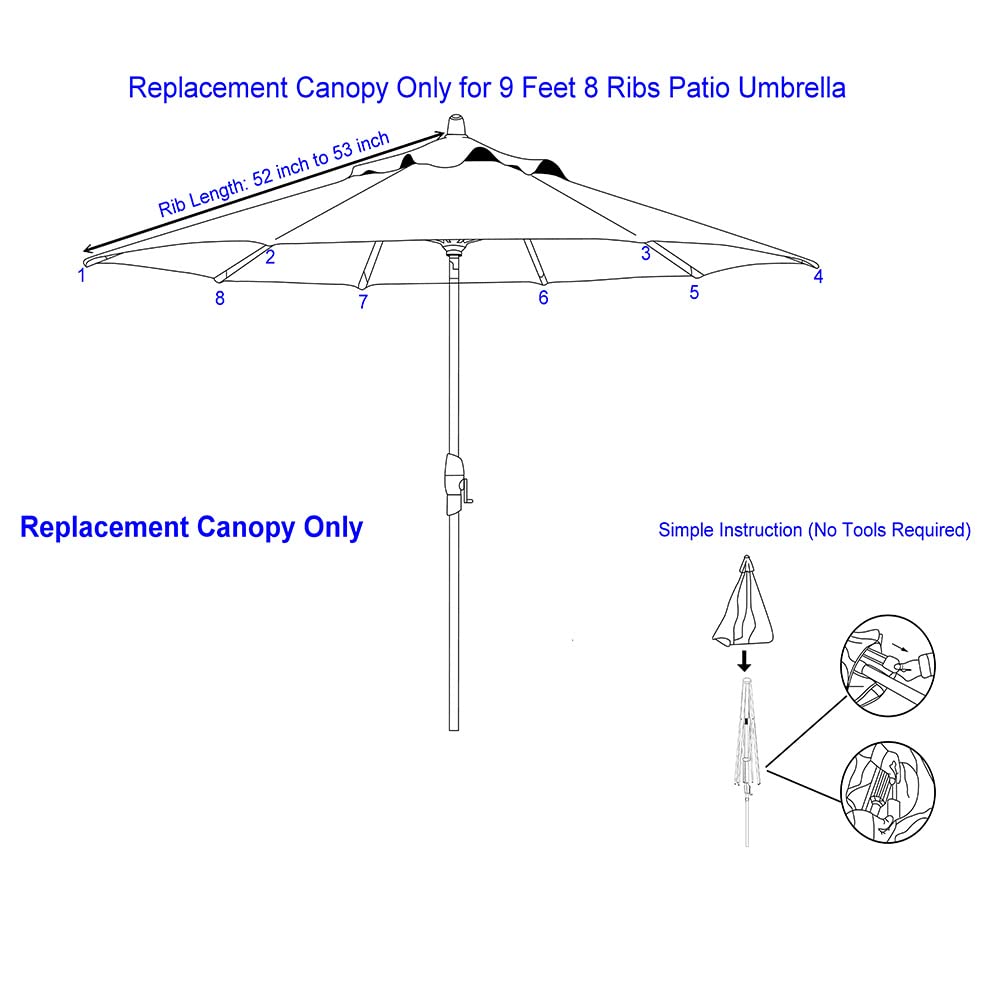 Bayside21 Patio Umbrella Replacement Canopy for 9ft 8 Ribs Outdoor Patio Fabric Replacement Umbrella Canopy Sun 9 ft Umbrella Blue