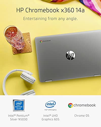 HP Chromebook x360 14a 2-in-1 Laptop, Intel Pentium Silver N5030, 4 GB RAM, 64 GB eMMC, 14โ HD Micro-Edge Touchscreen, Chrome OS, 720p Webcam, Dual Speakers, Long Battery Life (14a-ca0023nr, 2021)