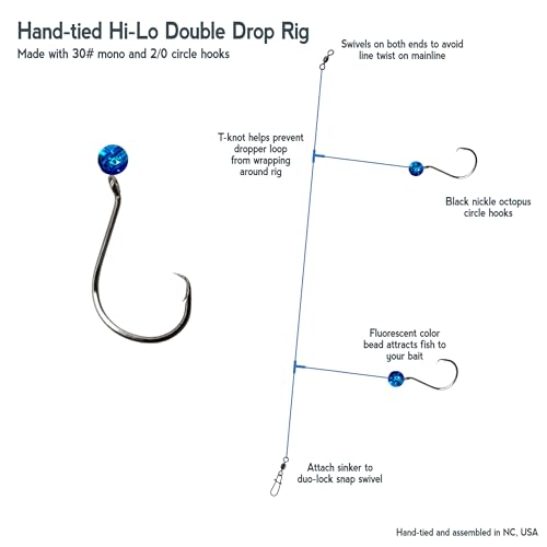 3 Pack '2/0' Bead Rig Surf Fishing Hi-Lo Double Drop Hand-Tied 30LB Mono (Ocean Blue)
