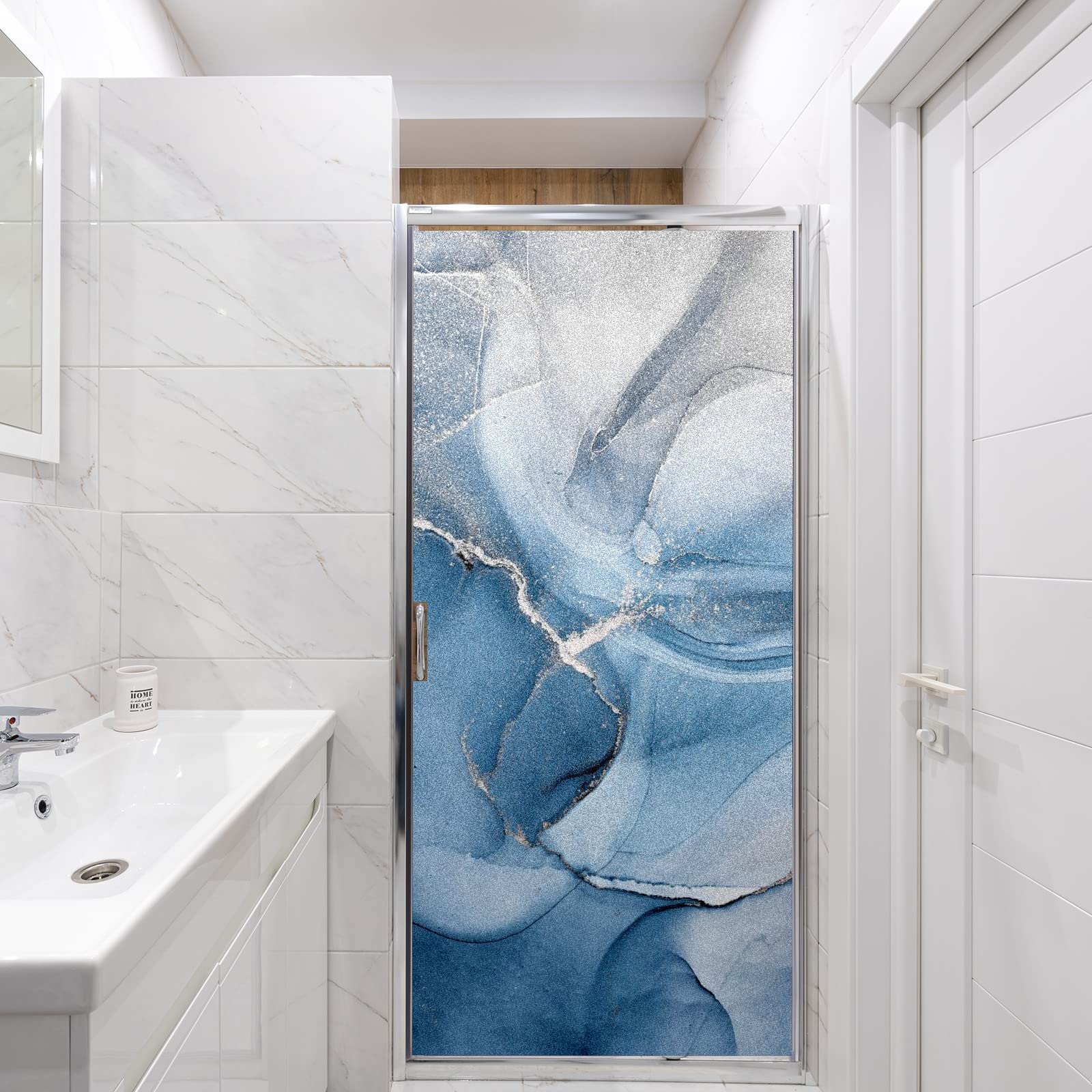 BoeHiop Window Privacy Film, Abstract Blue Ink Marble Texture Frosted Window Clings, Decorative Glass Covering Decals, Non-Adhesive Vinyl, 17.7 x 23.6 in