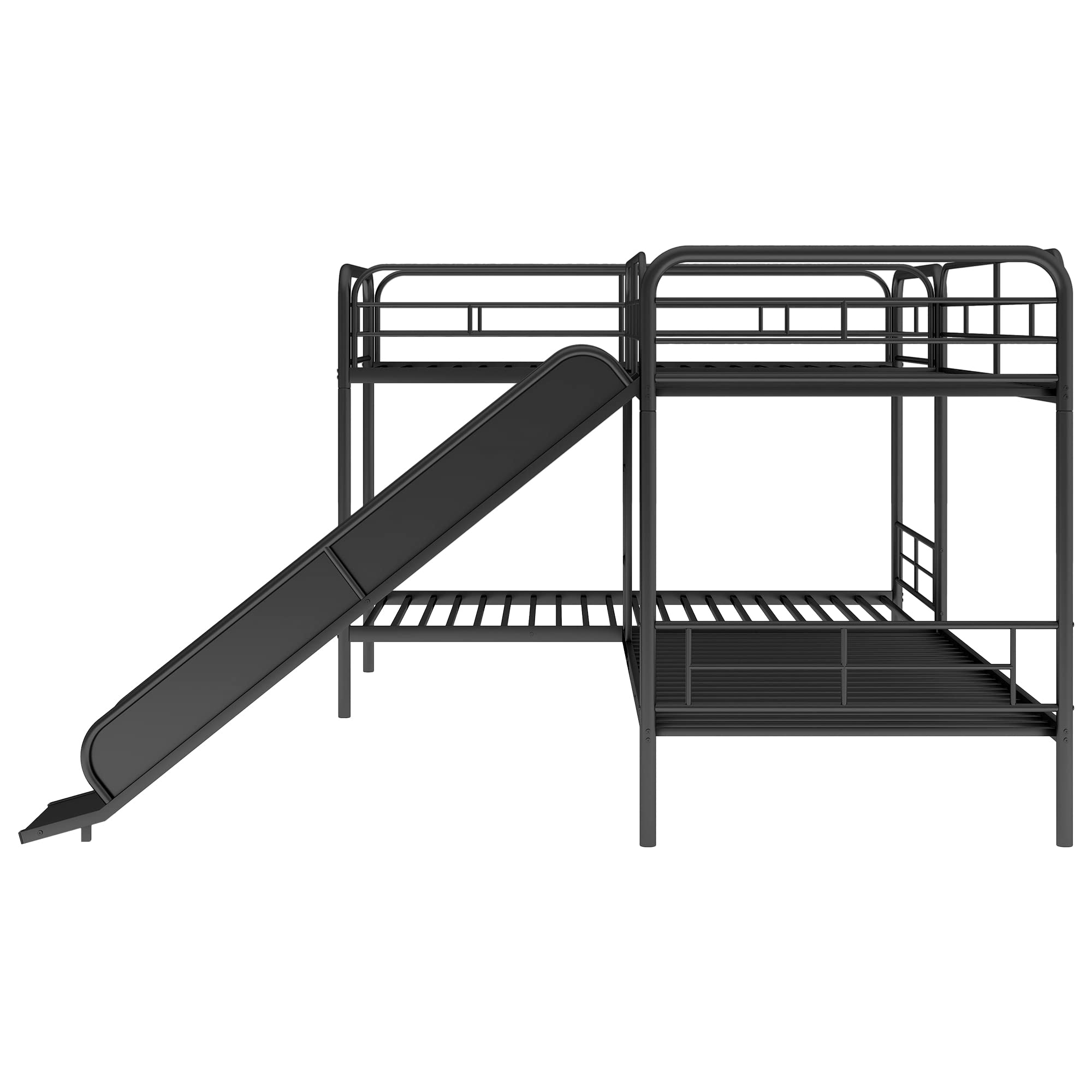 Quad Bunk Bed with Slide, L Shaped Bunk Bed for 4, Twin over Twin Metal Bunk Frame for Kids Teens Girls Boys (Black)