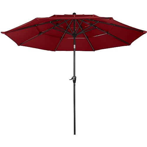 Pure Garden 10 ft Patio Umbrella - 3-Tiered Sunshade with Push Button Tilt and Easy-Open Crank - Outdoor Umbrella for Deck, Yard, or Pool (Red)