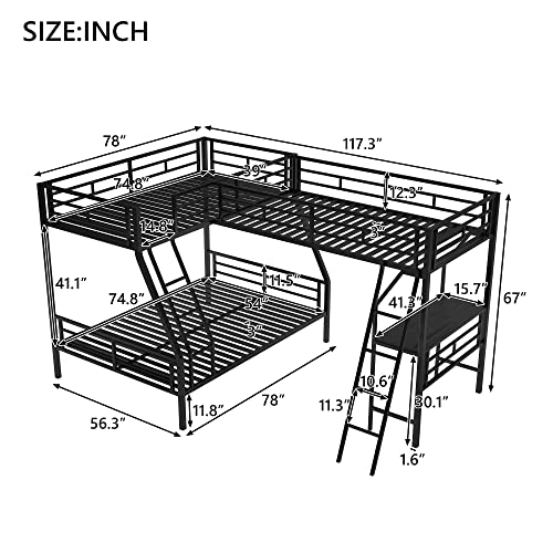 DEYOBED Twin & Twin Over Full L-Shaped Metal Triple Bed Bunk Bed with Twin Size Loft Bed Desk for 3 Kids Teens