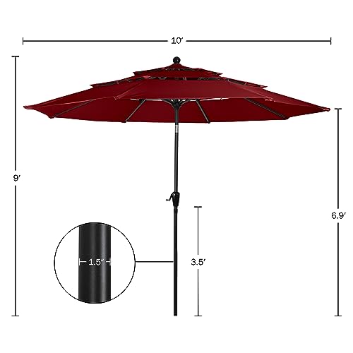 Pure Garden 10 ft Patio Umbrella - 3-Tiered Sunshade with Push Button Tilt and Easy-Open Crank - Outdoor Umbrella for Deck, Yard, or Pool (Red)