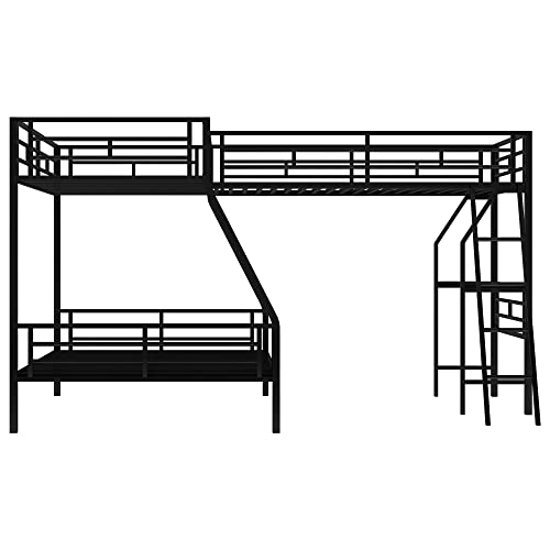 DEYOBED Twin & Twin Over Full L-Shaped Metal Triple Bed Bunk Bed with Twin Size Loft Bed Desk for 3 Kids Teens