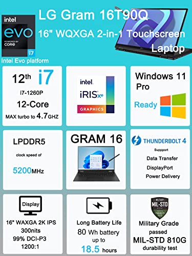 LG Gram 16T90Q 16" WQXGA 2-in-1 Touchscreen (Intel 12th Gen 12-Core i7-1260P, 16GB LPDDR5 RAM, 2TB SSD, Stylus), (2560 x 1600) Business Laptop, Thunderbolt 4, IST Computers HDMI, Windows 11 Pro