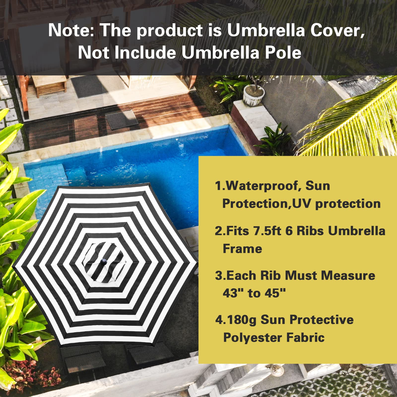 Sunnyglade 7.5Ft 6 Ribs Umbrella Canopy Replacement Patio Top Cover For Market Umbrella (Black and White)