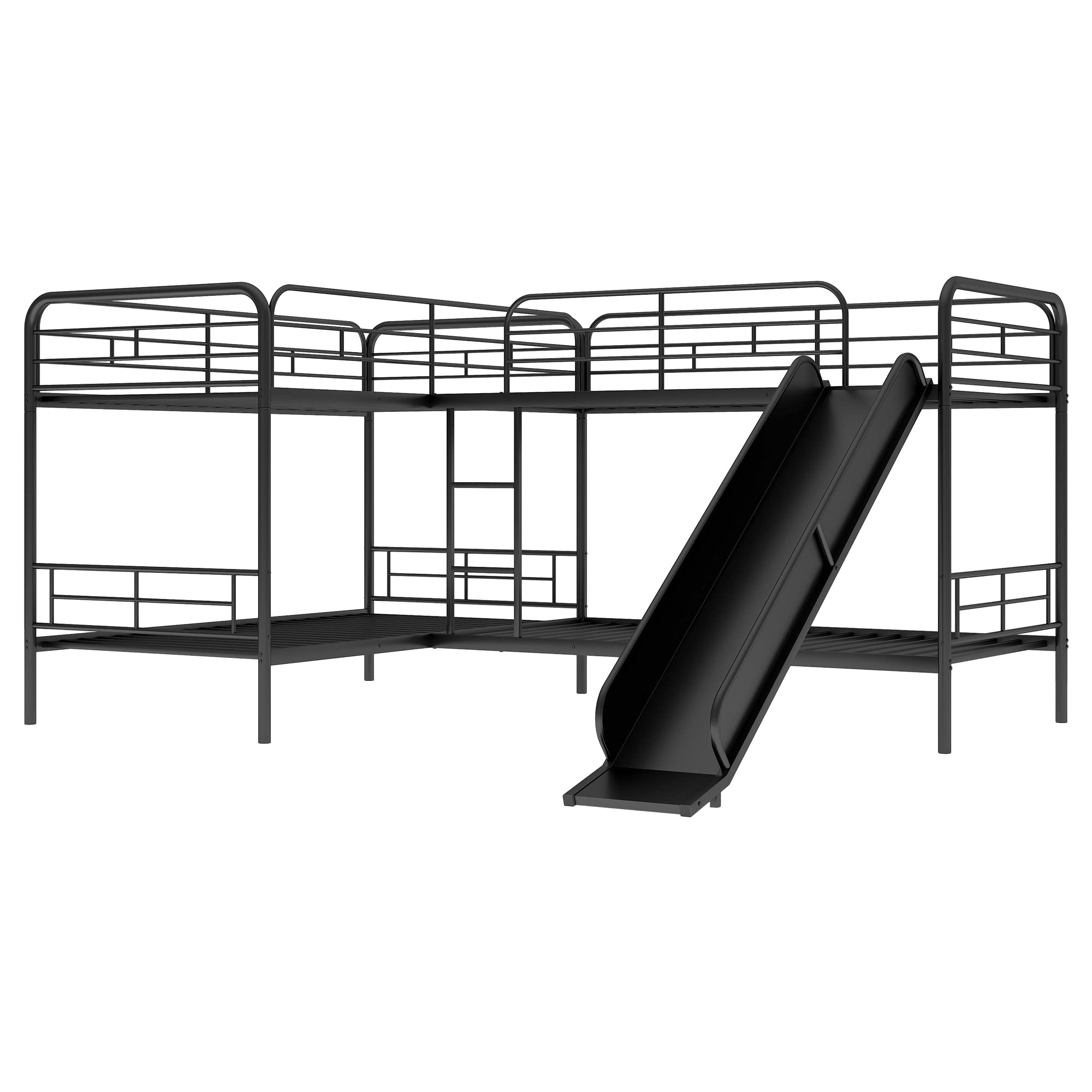 Quad Bunk Bed with Slide, L Shaped Bunk Bed for 4, Twin over Twin Metal Bunk Frame for Kids Teens Girls Boys (Black)