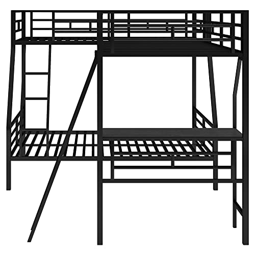 DEYOBED Twin & Twin Over Full L-Shaped Metal Triple Bed Bunk Bed with Twin Size Loft Bed Desk for 3 Kids Teens