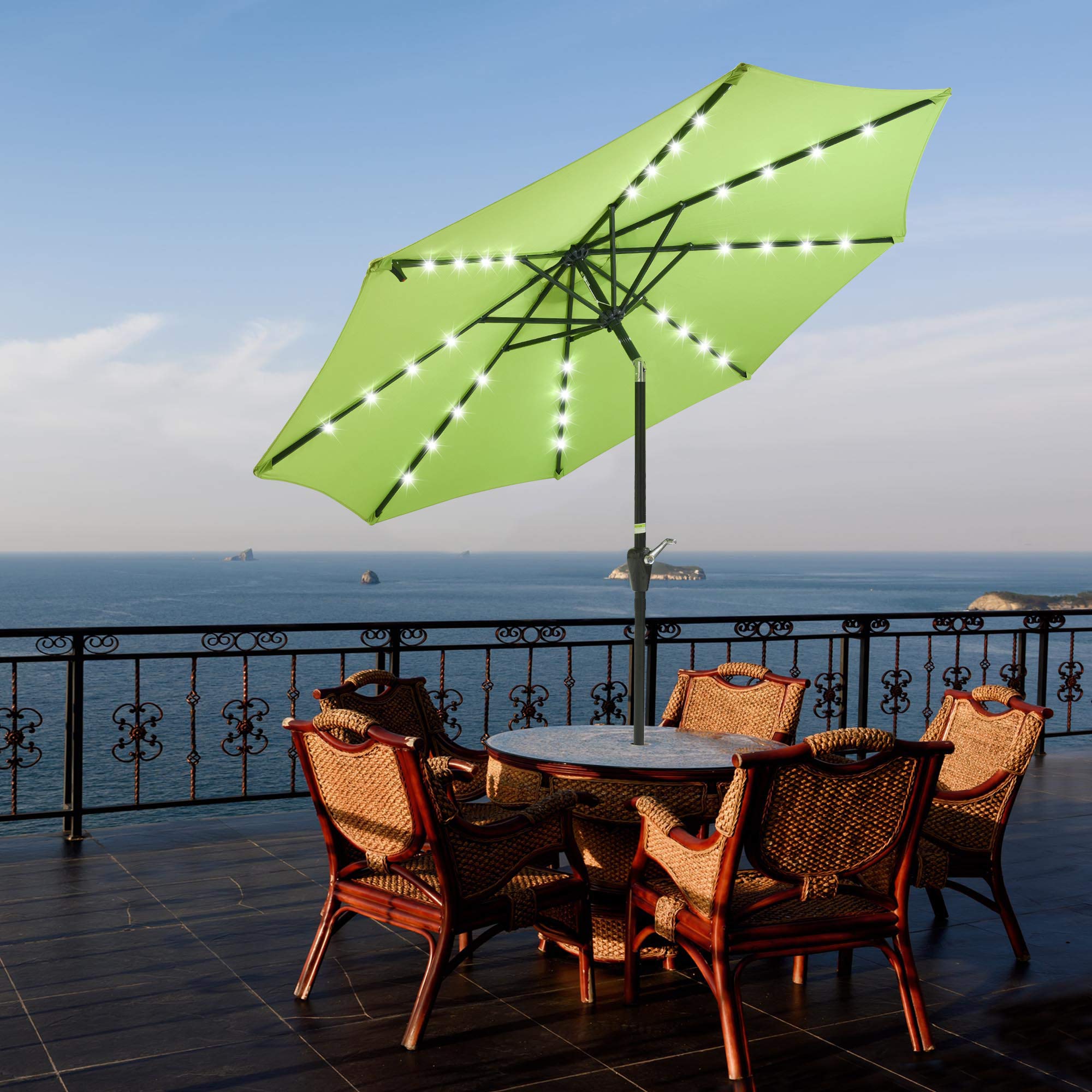 Yescom 9ft 32 Solar Powered LED Light Outdoor Patio Umbrella with 8 Rib Crank Tilt for Table Market Beach Yard Cafe Deck