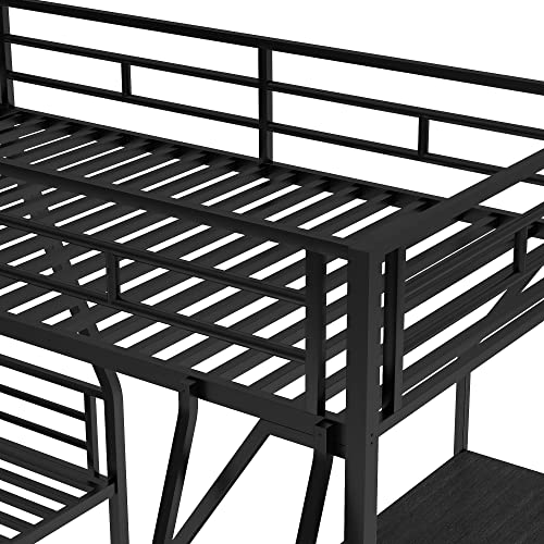 DEYOBED Twin & Twin Over Full L-Shaped Metal Triple Bed Bunk Bed with Twin Size Loft Bed Desk for 3 Kids Teens